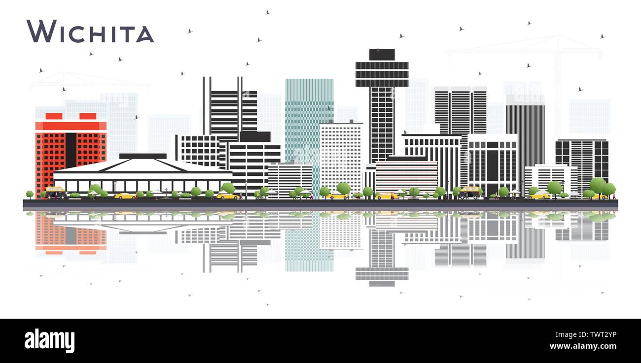 Wichita Kansas City Skyline with Gray Buildings and Reflections ...