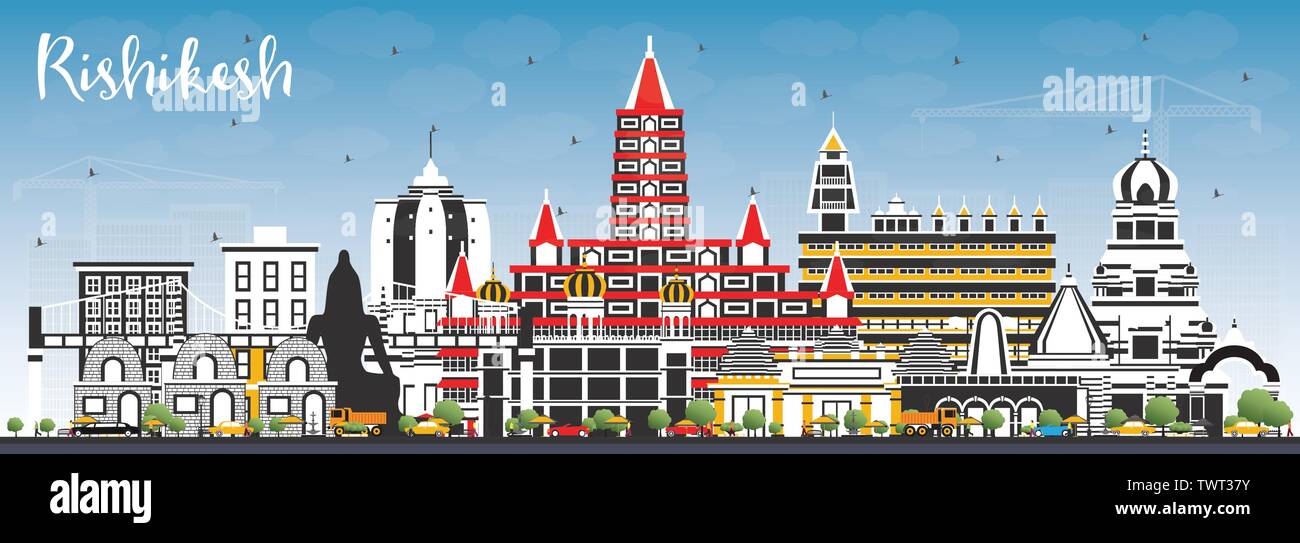 Rishikesh India City Skyline with Color Buildings and Blue Sky. Vector ...
