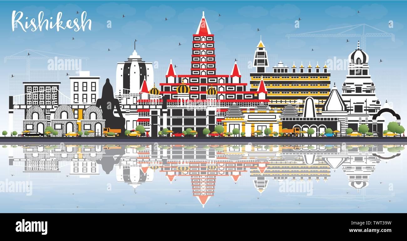 Rishikesh India City Skyline with Color Buildings, Blue Sky and ...
