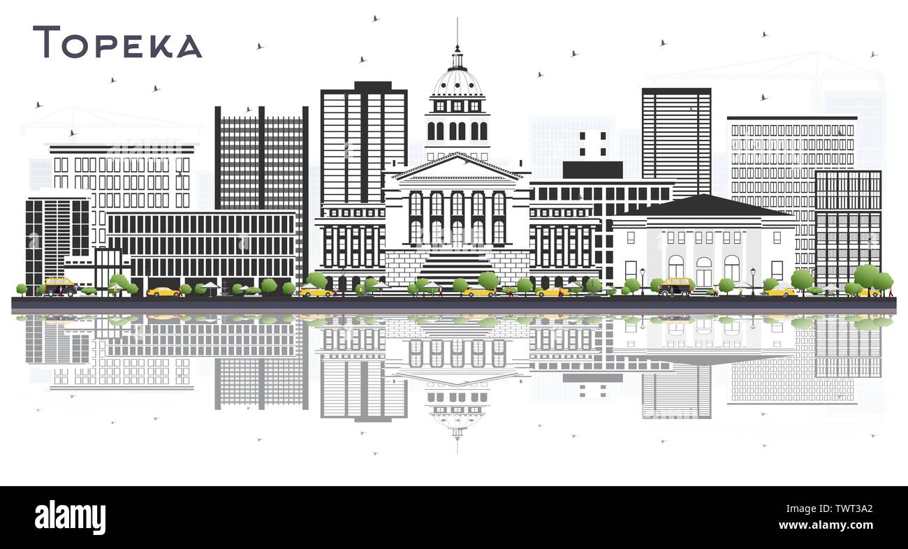 Topeka Kansas City Skyline with Gray Buildings and Reflections Isolated ...