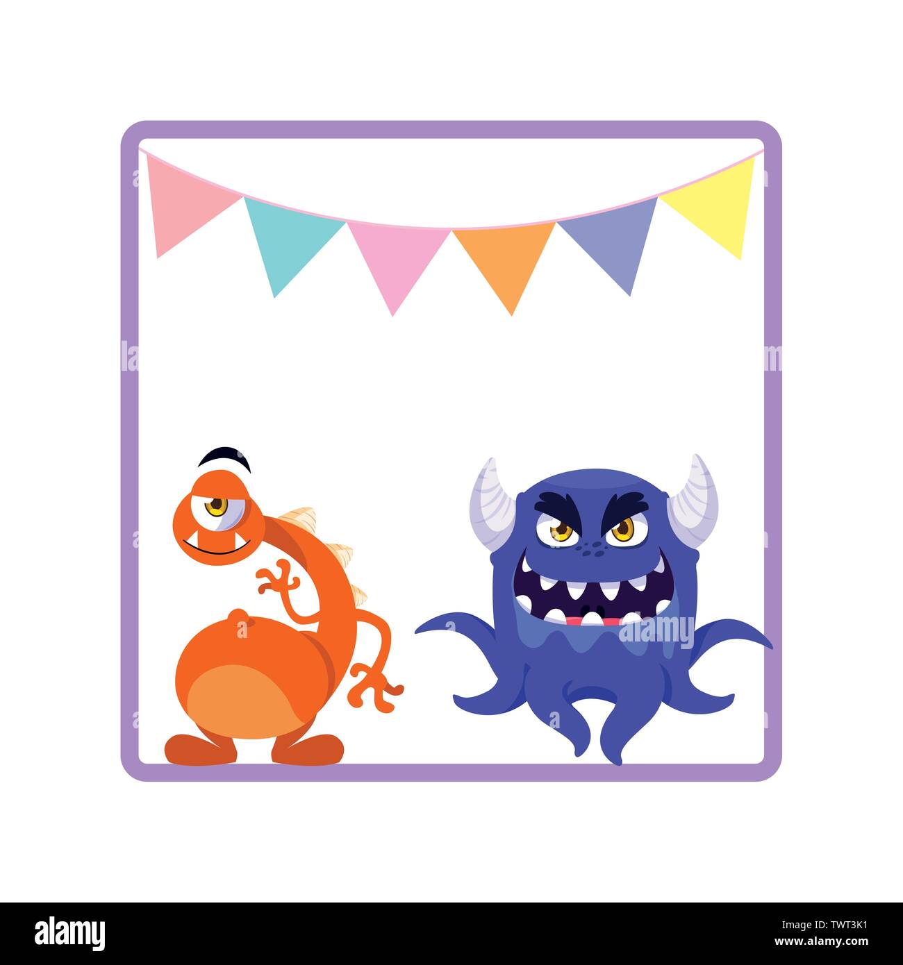 square frame with funny monsters and garlands hanging vector ...