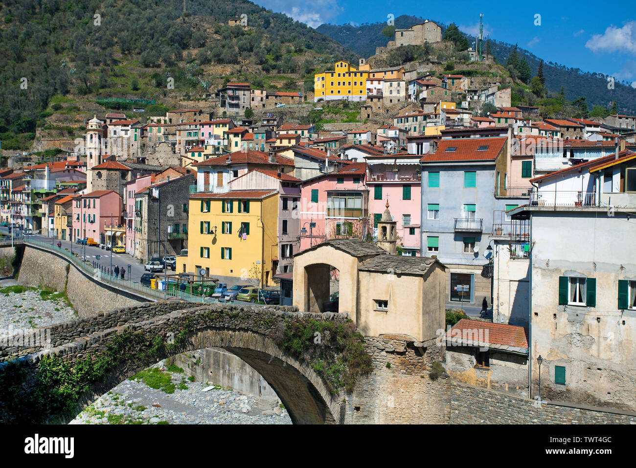 Old medieval stone bridge at Badalucco, village at province Imperia ...