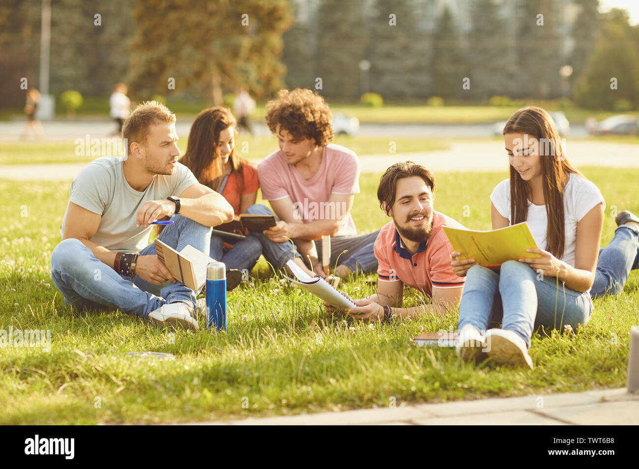 A group of students studying books sitting on the grass at sunset in a ...