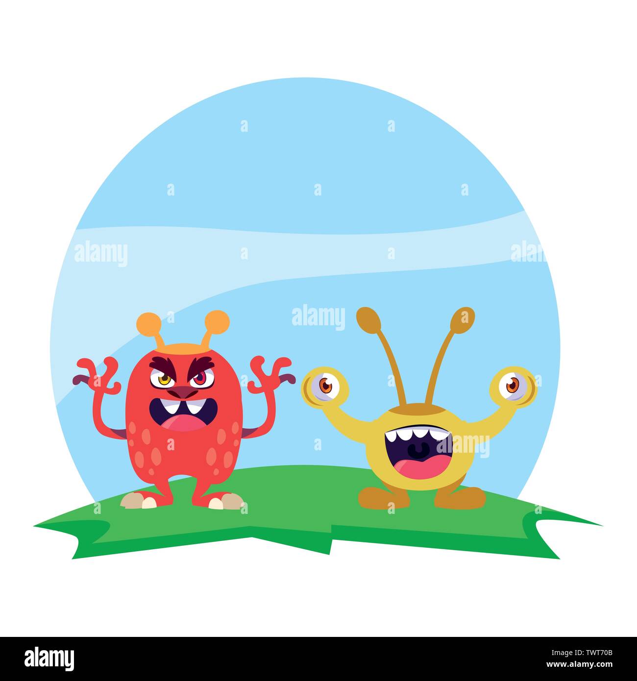 funny monsters couple in the field characters colorful vector ...