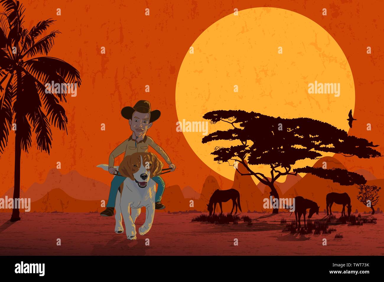 Dogboy, man riding beagle dog in the field with mountain and silhouette ...