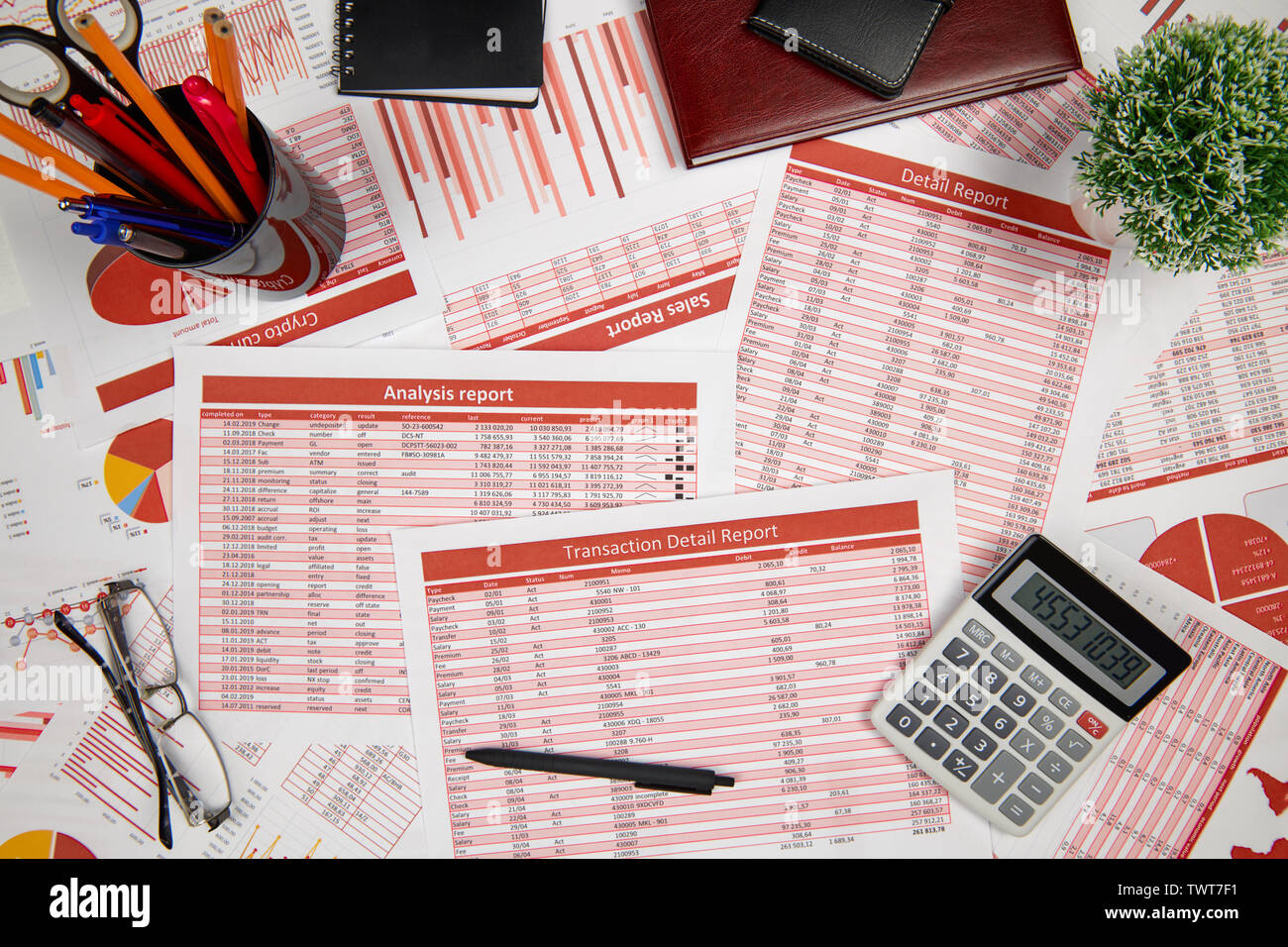 Business reports, data tables and charts - directly above view of ...