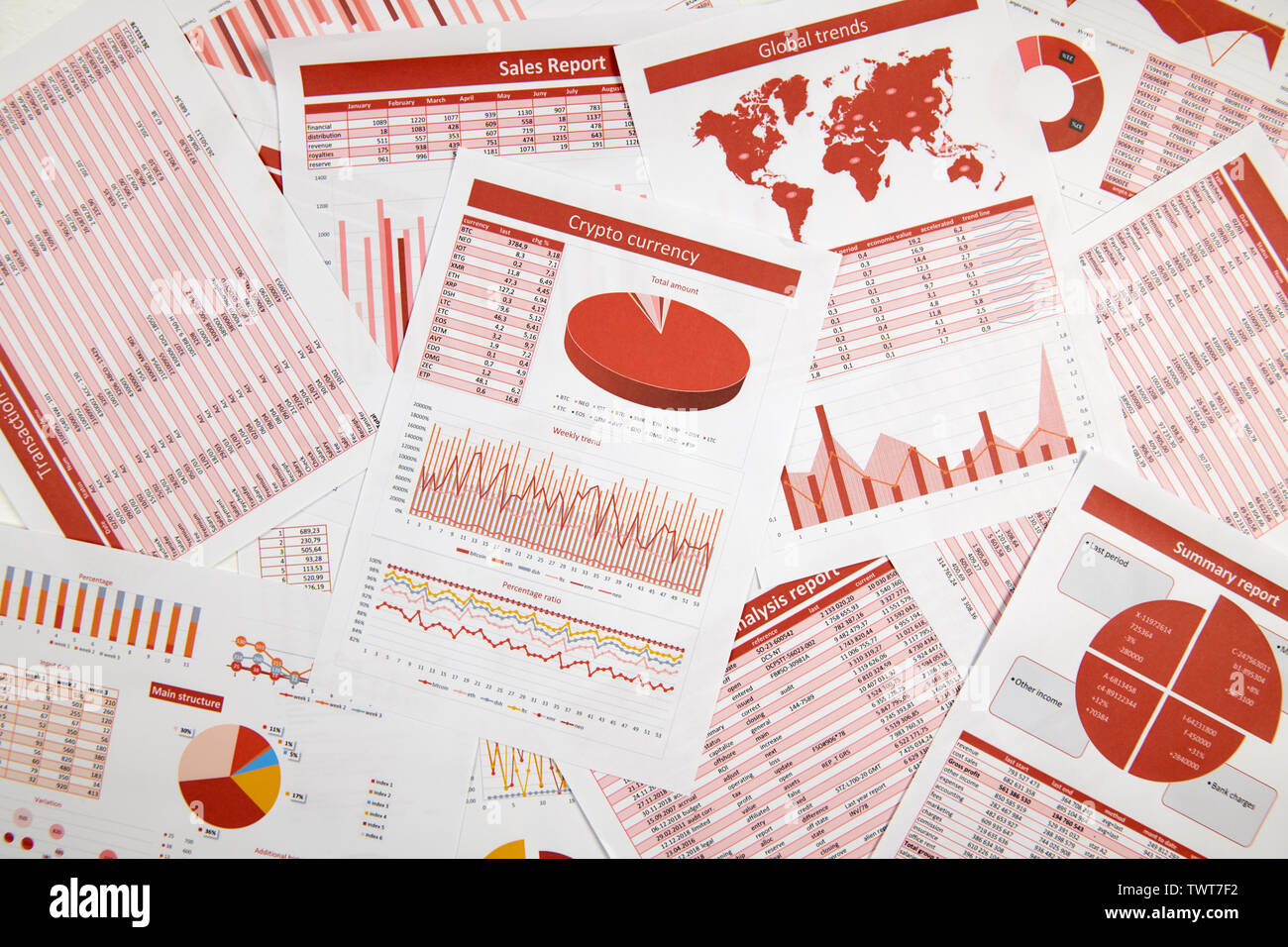 Business reports, data tables and charts - directly above view of ...