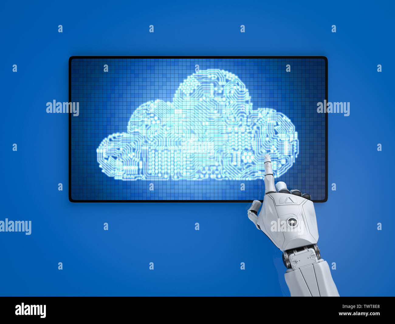 Cloud computing technology concept with 3d rendering humanoid robot work with circuit cloud ...