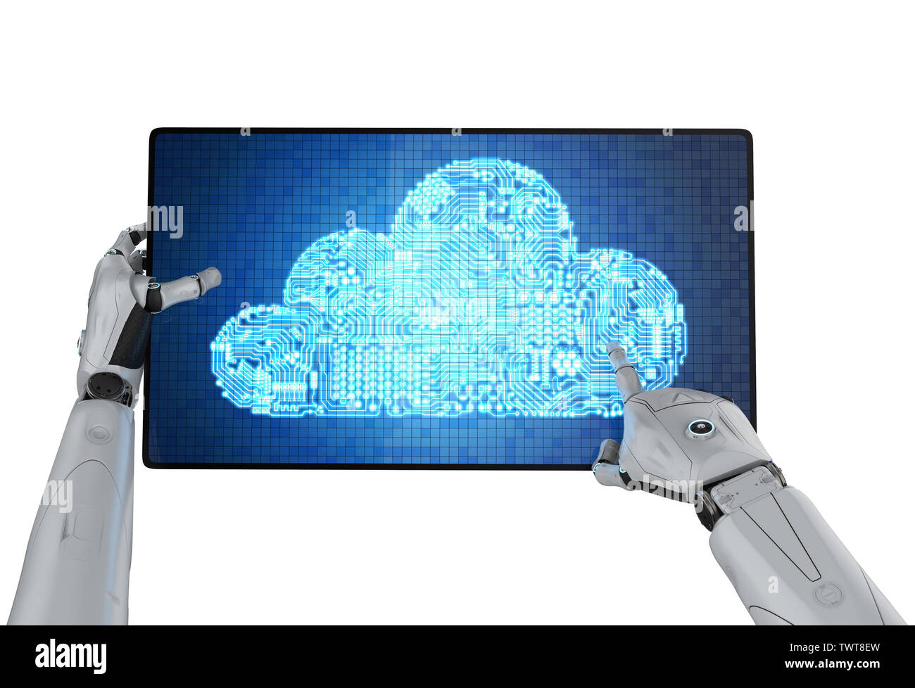 Cloud computing technology concept with 3d rendering humanoid robot work with circuit cloud ...