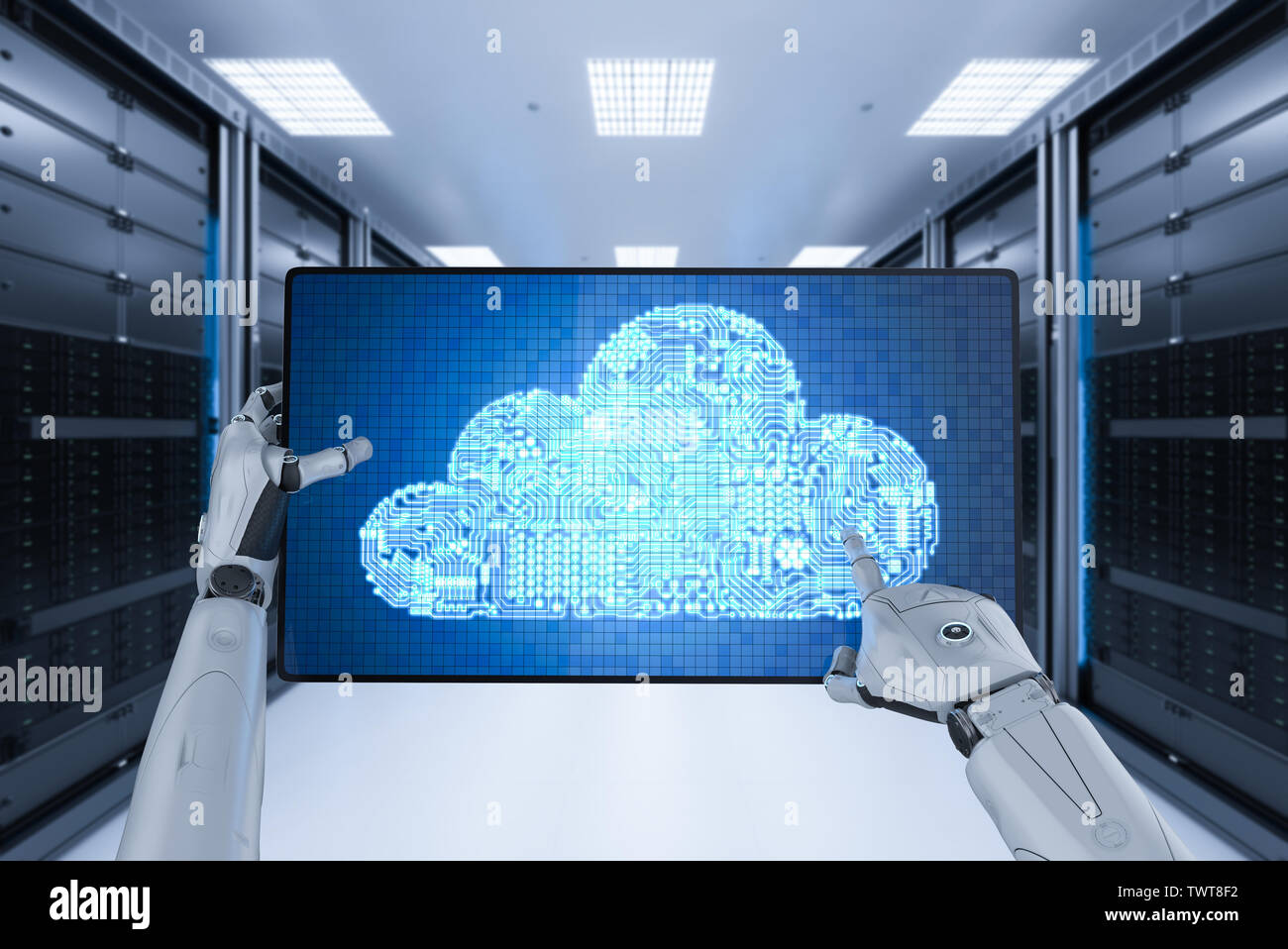 Cloud computing technology concept with 3d rendering humanoid robot work with circuit cloud ...