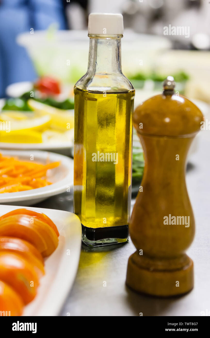 Healthy ingredients on a restaurant kitchen table, ready to go for the ...