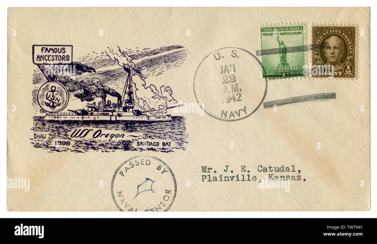 The USA - 22 January 1942: US historical envelope: cover with a navy ...