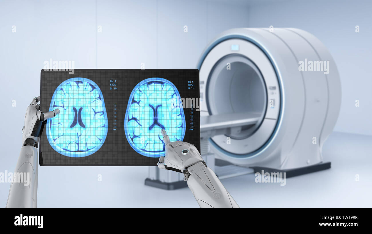 Medical technology concept with 3d rendering robot with tablet display ...