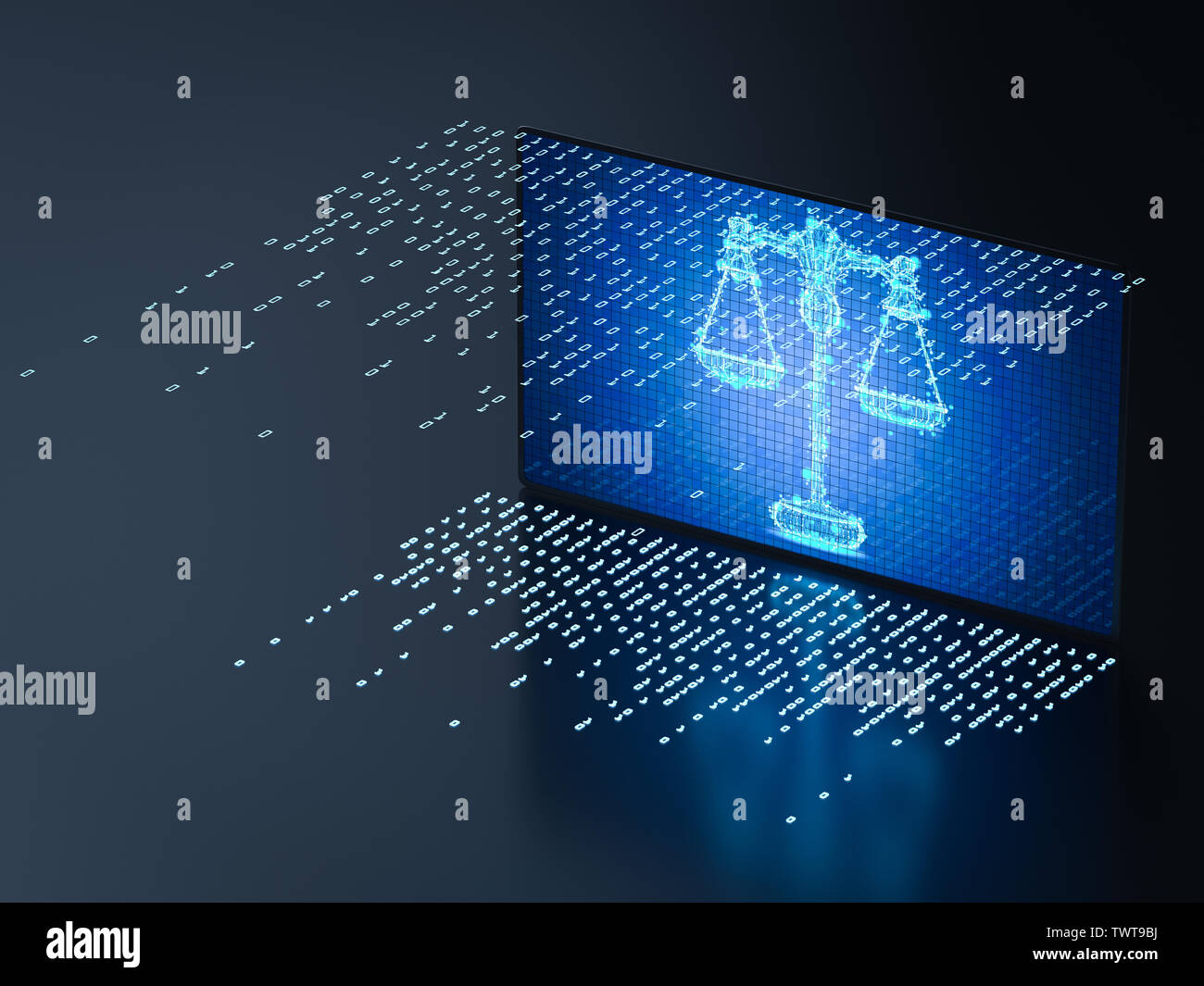 Cyber law concept with 3d rendering digital screen display scale law ...