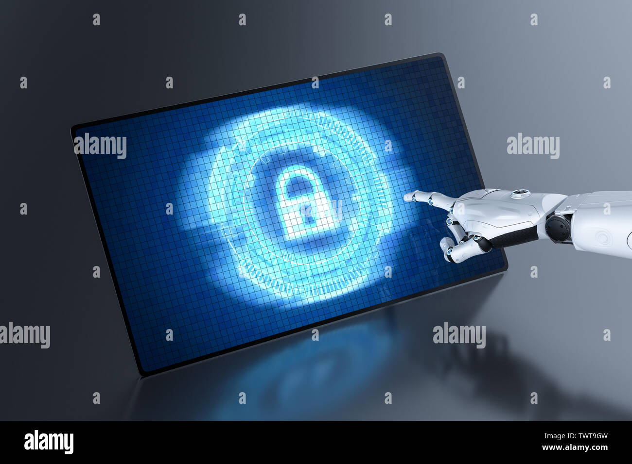 Cyber security concept with 3d rendering robotic arm work with digital ...