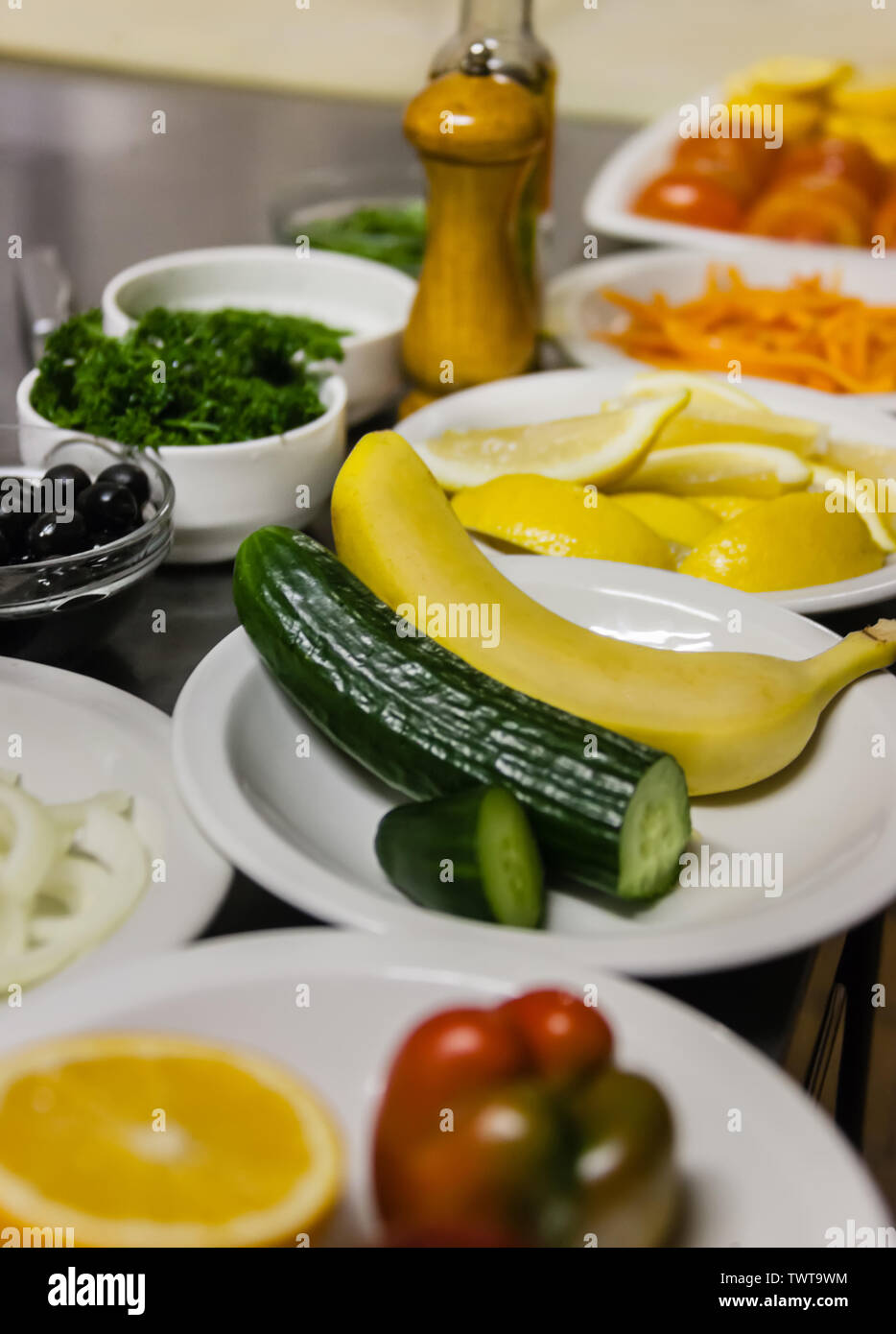 Healthy ingredients on a restaurant kitchen table, ready to go for the ...