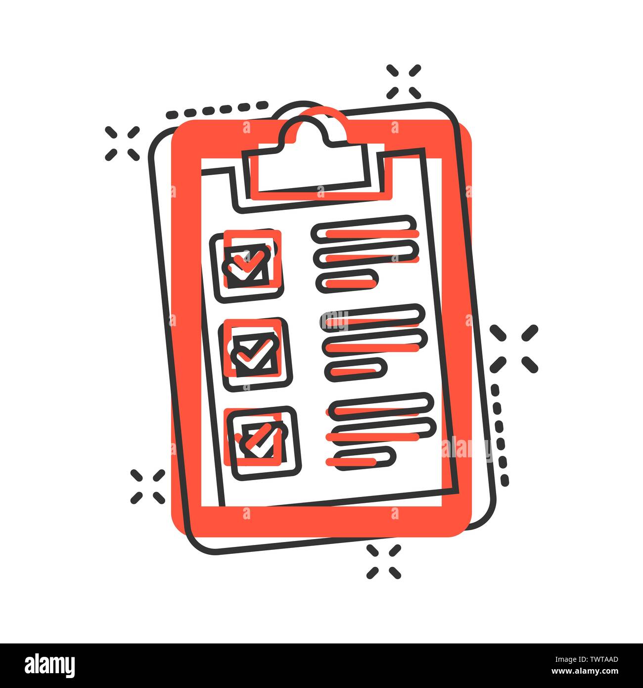 Checklist clipboard sign icon in comic style. Document list vector ...