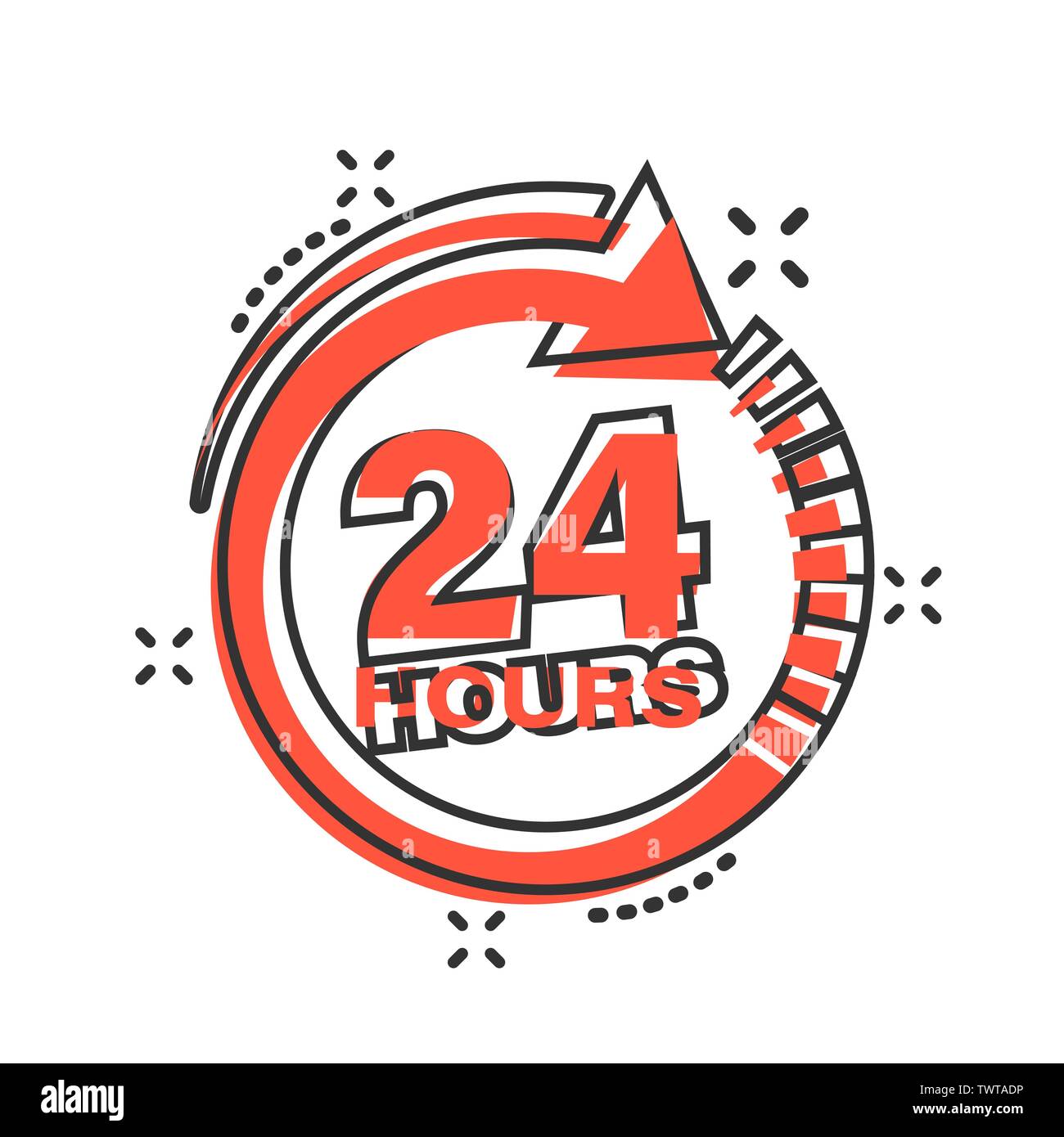 24 hours clock sign icon in comic style. Twenty four hour open vector ...