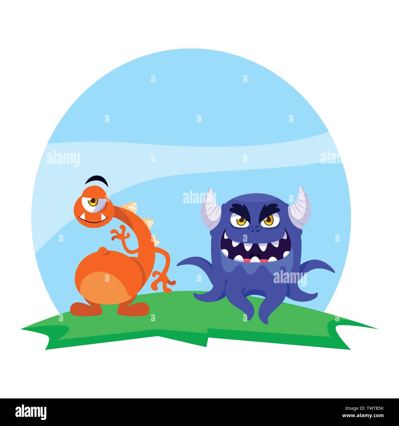 funny monsters couple in the field characters colorful vector ...