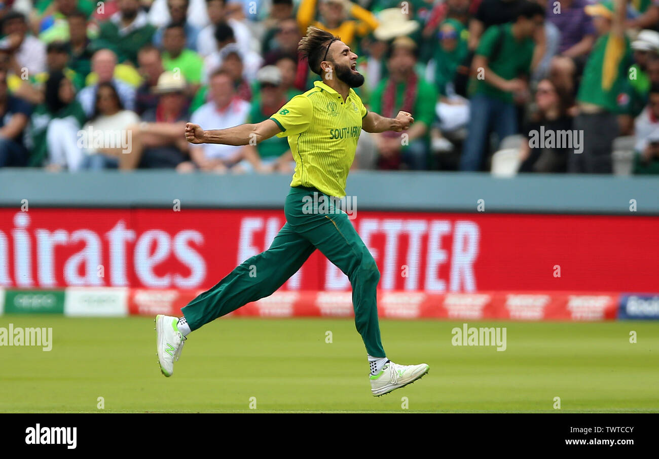 South Africa's Imran Tahir celebrates taking the wicket of Pakistan's ...
