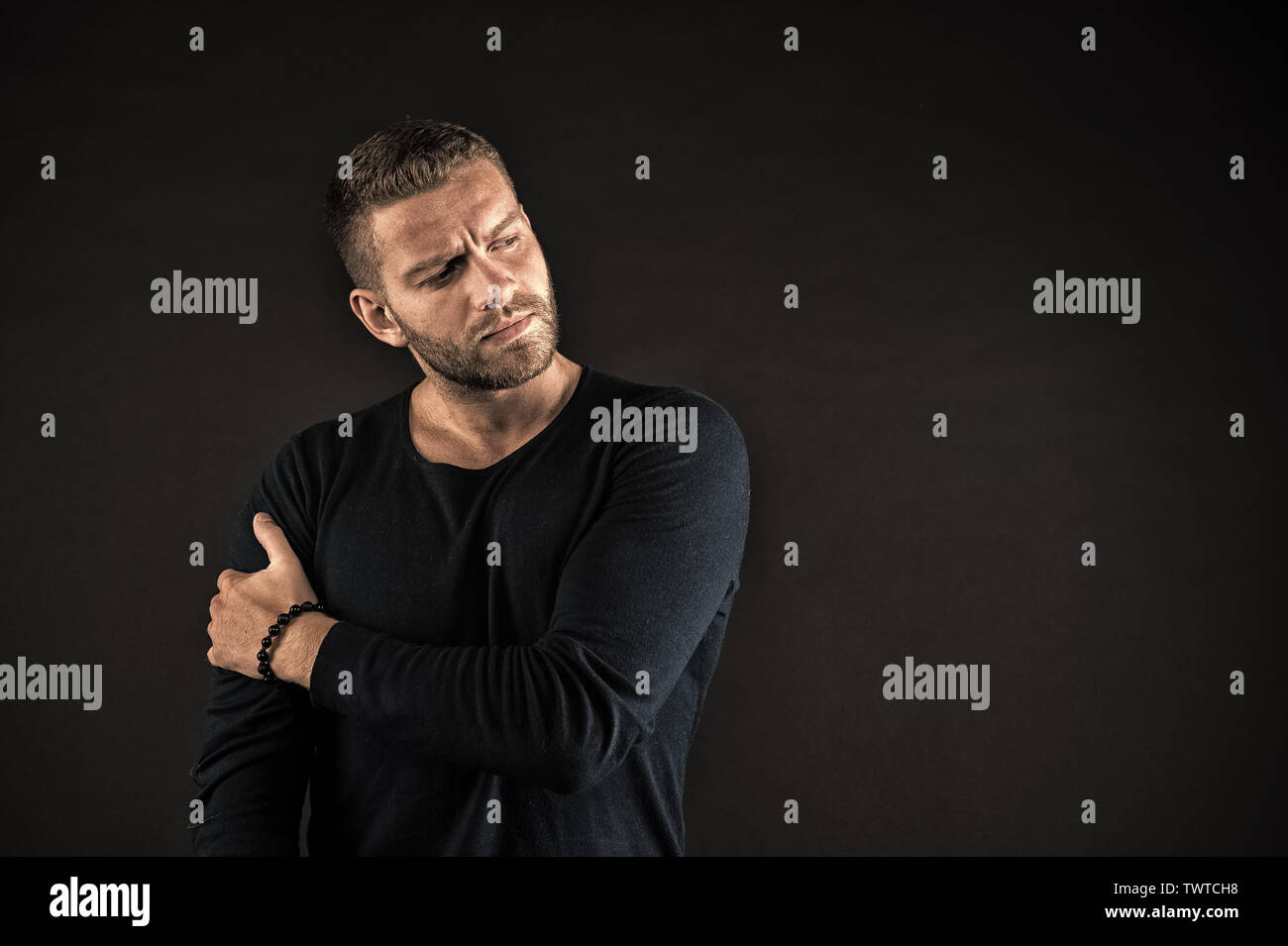 Handsome macho guy. Fashion and beauty. Fashion model on black ...