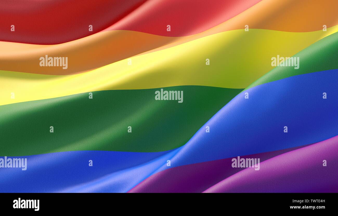 Waved highly detailed close-up bright rainbow gay flag. LGBT community ...