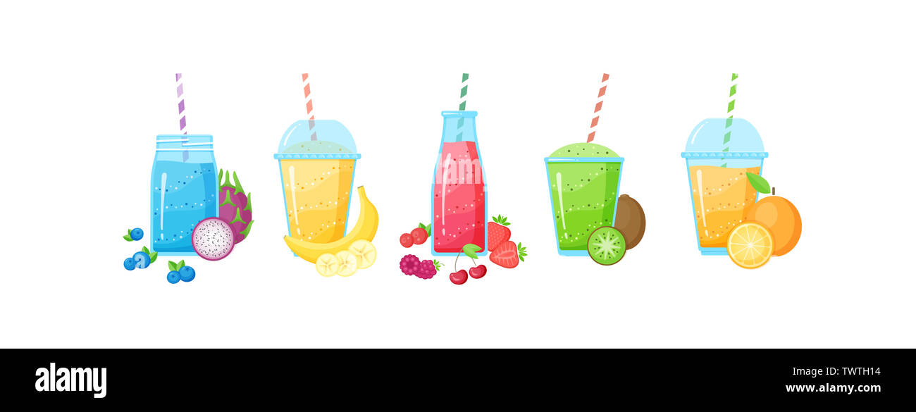Fresh fruit smoothie shake cocktail set illustration. Isolated on white ...