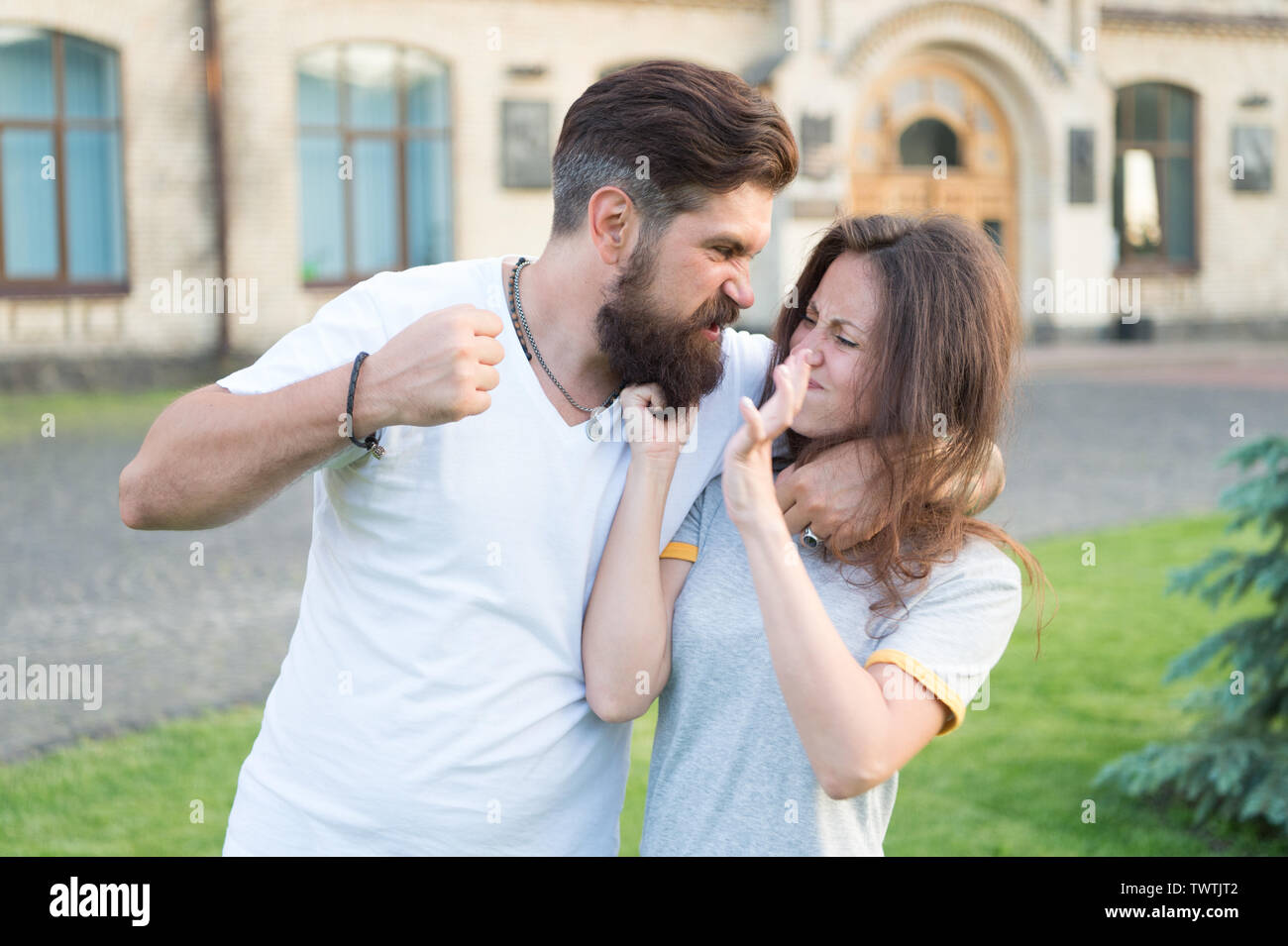 Angry hipster and pretty woman . Relations problem. Family crisis ...