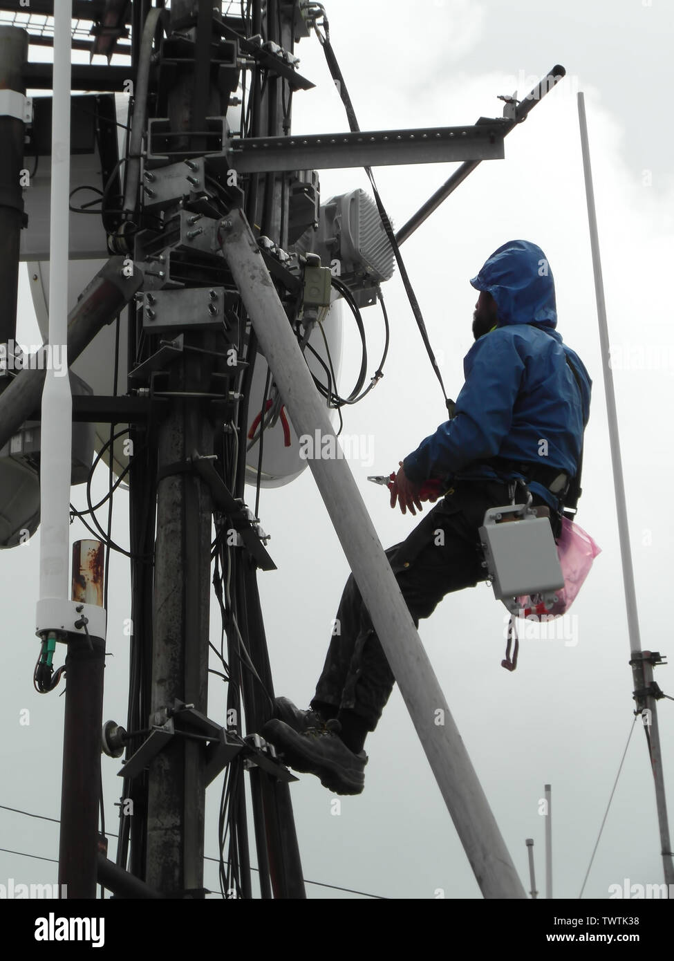 man worker on a pole. safety working in power industry Stock Photo - Alamy