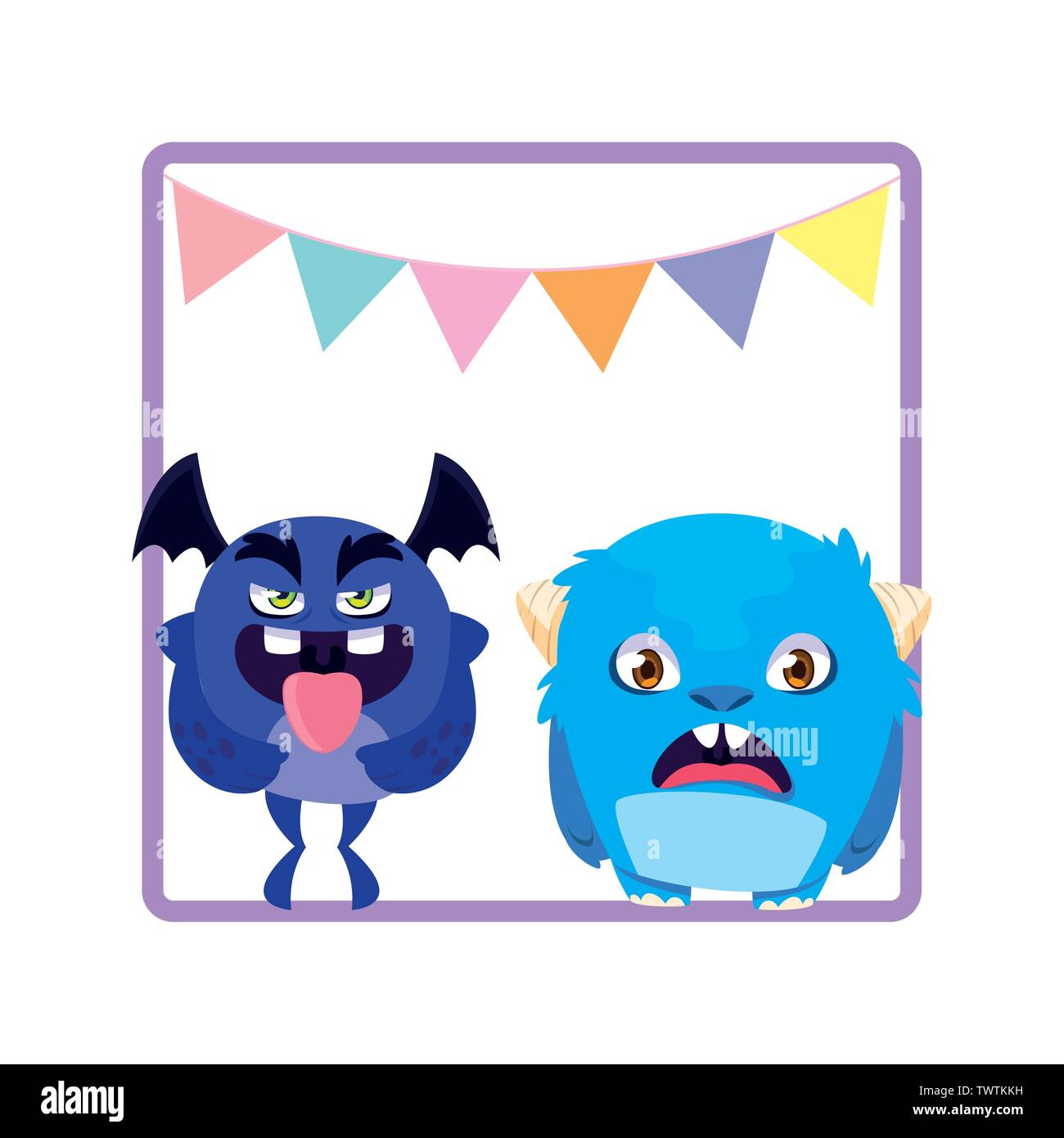 square frame with funny monsters and garlands hanging vector ...