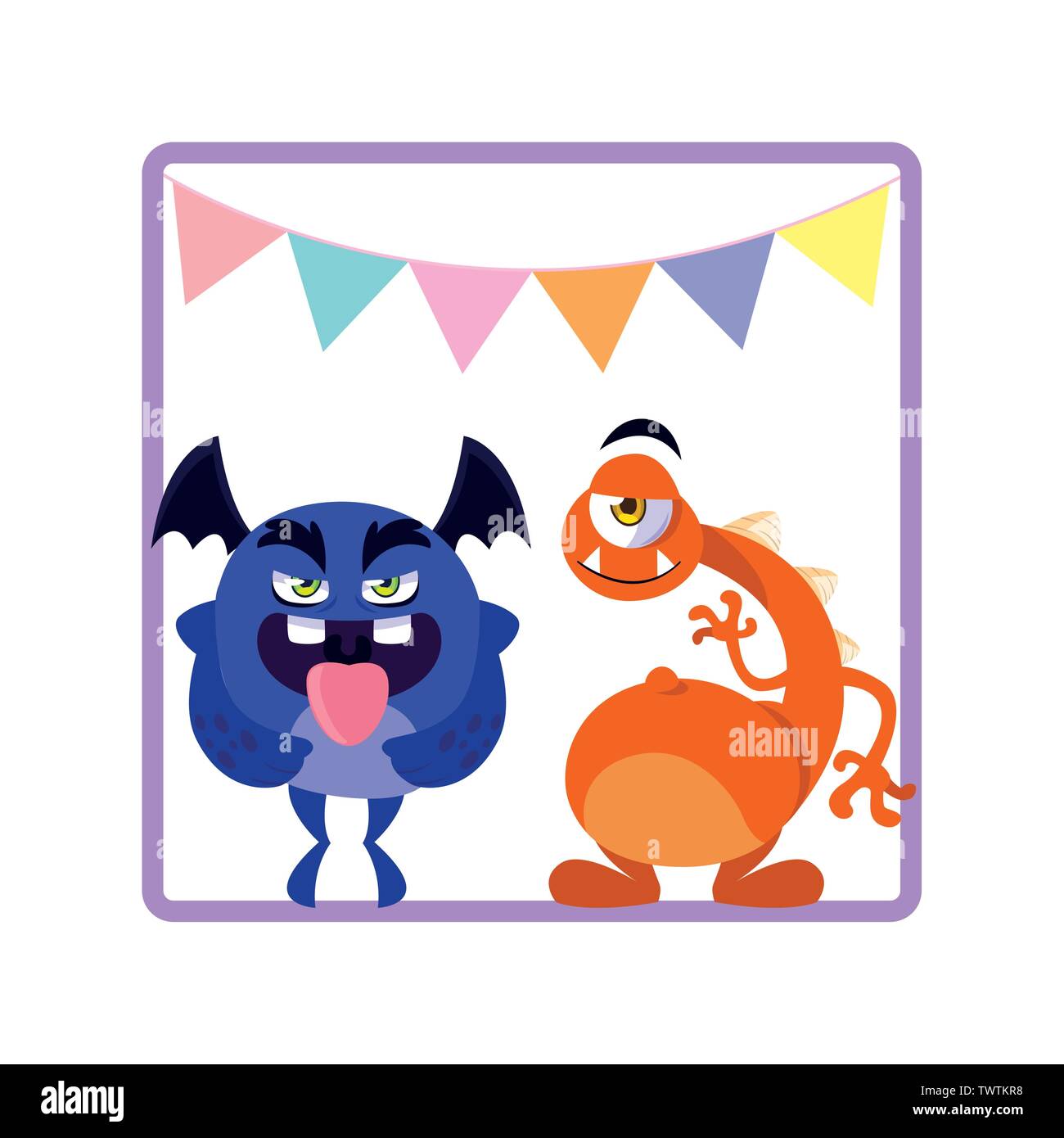 square frame with funny monsters and garlands hanging vector ...