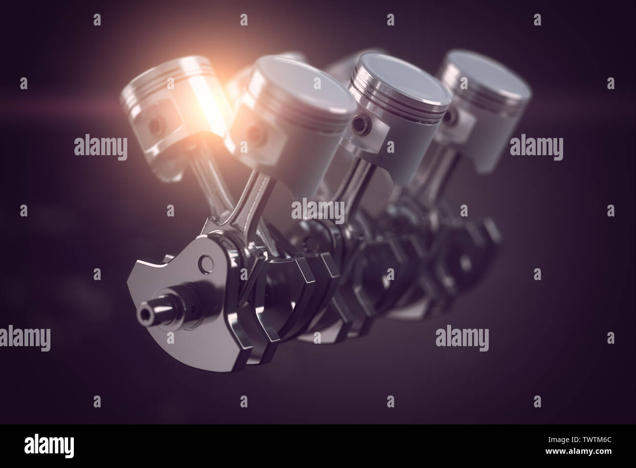 V6 engine pistons and crankshaft on black background. Motor lubricant oil and repairing concept ...