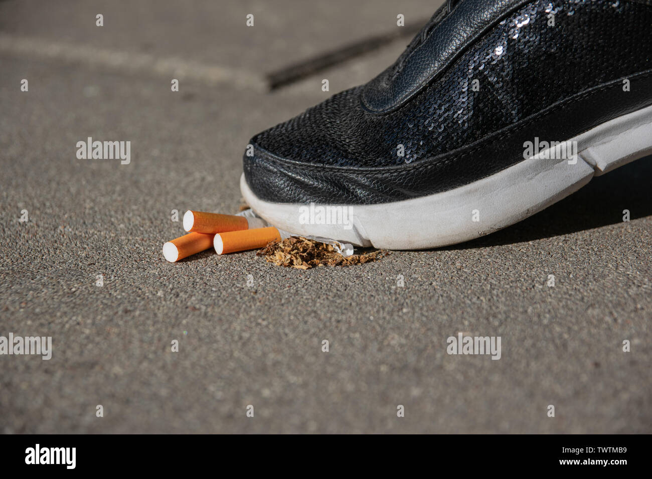 girl tramples cigarettes on asphalt, stop smoking, quit smoking, no ...