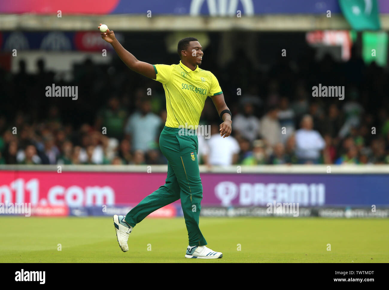 South Africa's Lungi Ngidi celebrates taking the catch of Pakistan's ...