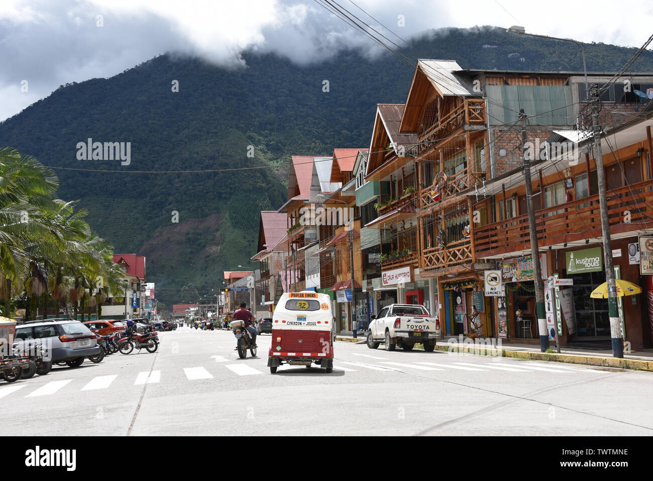 Oxapampa, Peru: Dec 31, 2018: Alpine buildings in the Peruvian town of ...