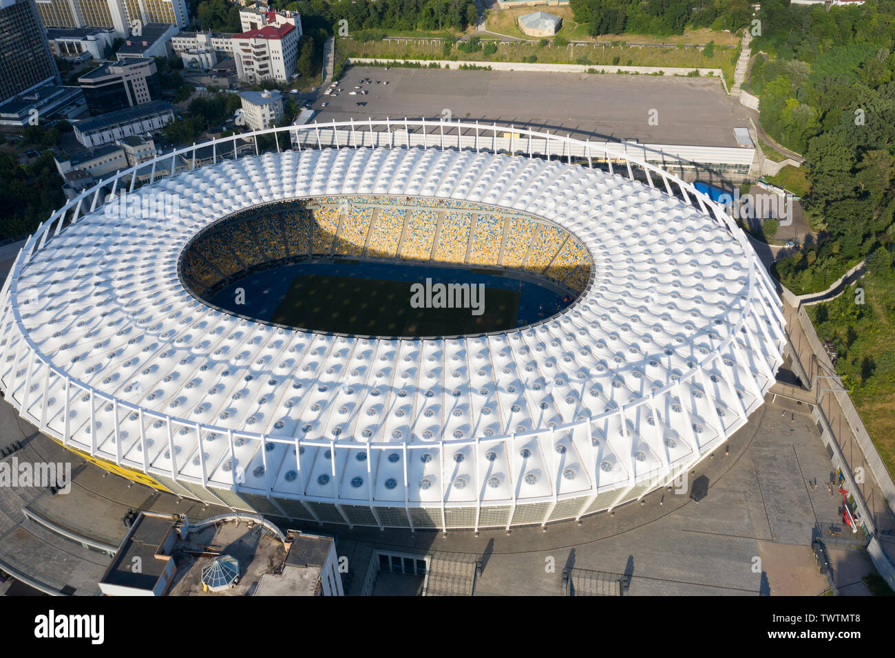 Evening cityscape aerial view of Kiev Olympic Stadium June 2019 Stock ...