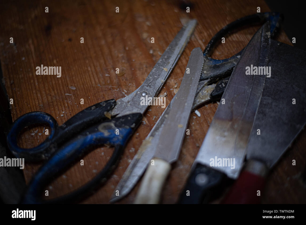 Group of workshop tools on a bench including Scissors and Knifes used ...