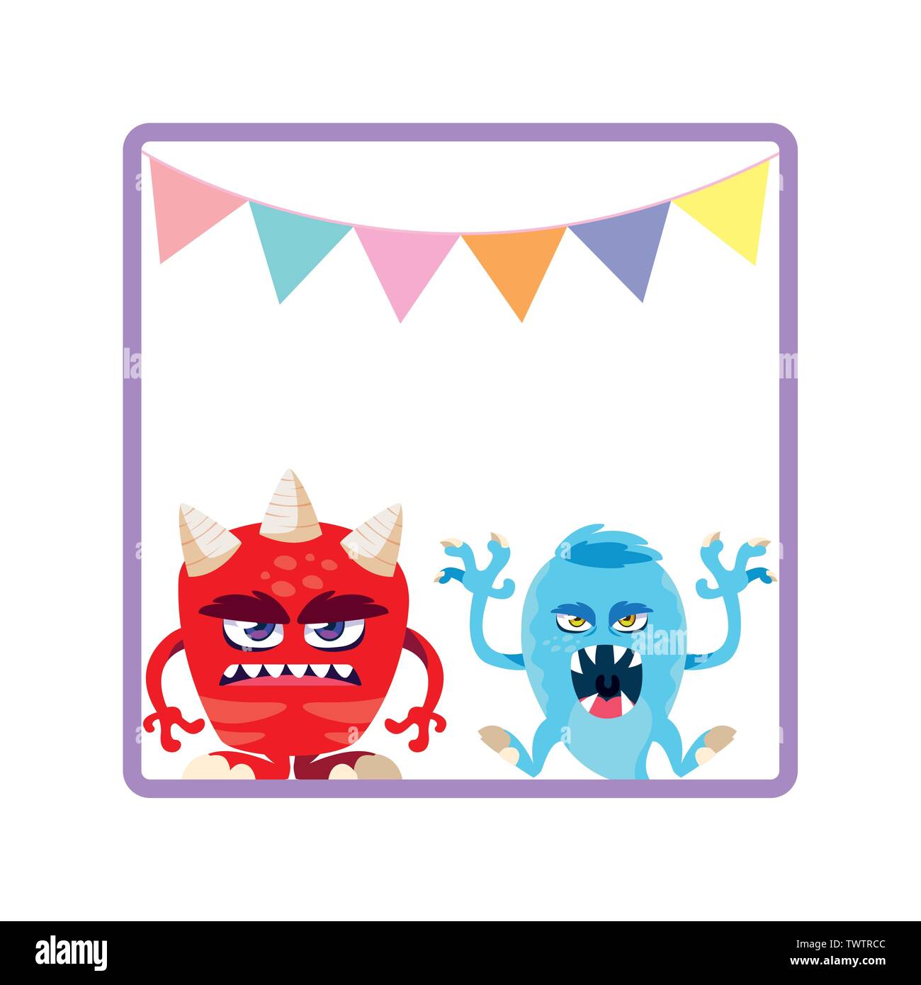 square frame with funny monsters and garlands hanging vector ...