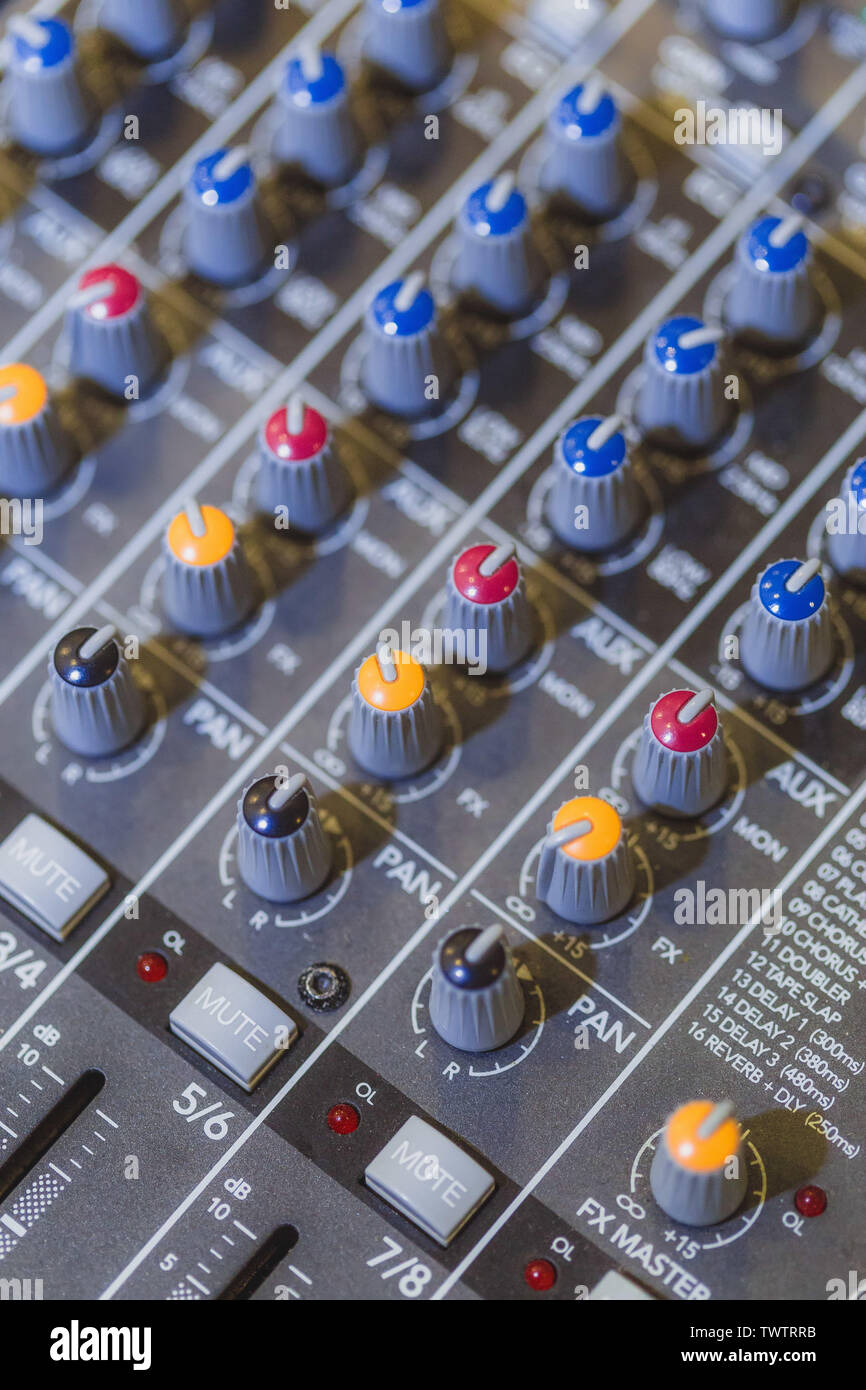 Close up shot detail sound mixer control panel button Stock Photo - Alamy