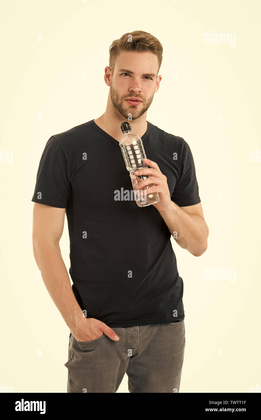 Guy drink water on white background. Man care health and water balance ...