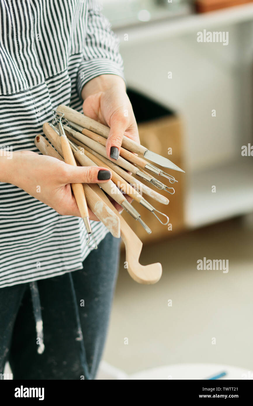 pottery tools for carving ceramic products in workshop Stock Photo - Alamy