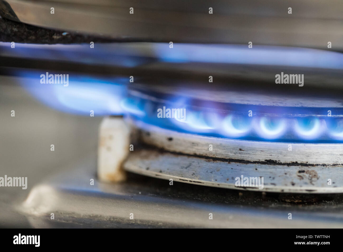 Close up of a blue gas flame, cooking a water pot in kitchen Stock ...