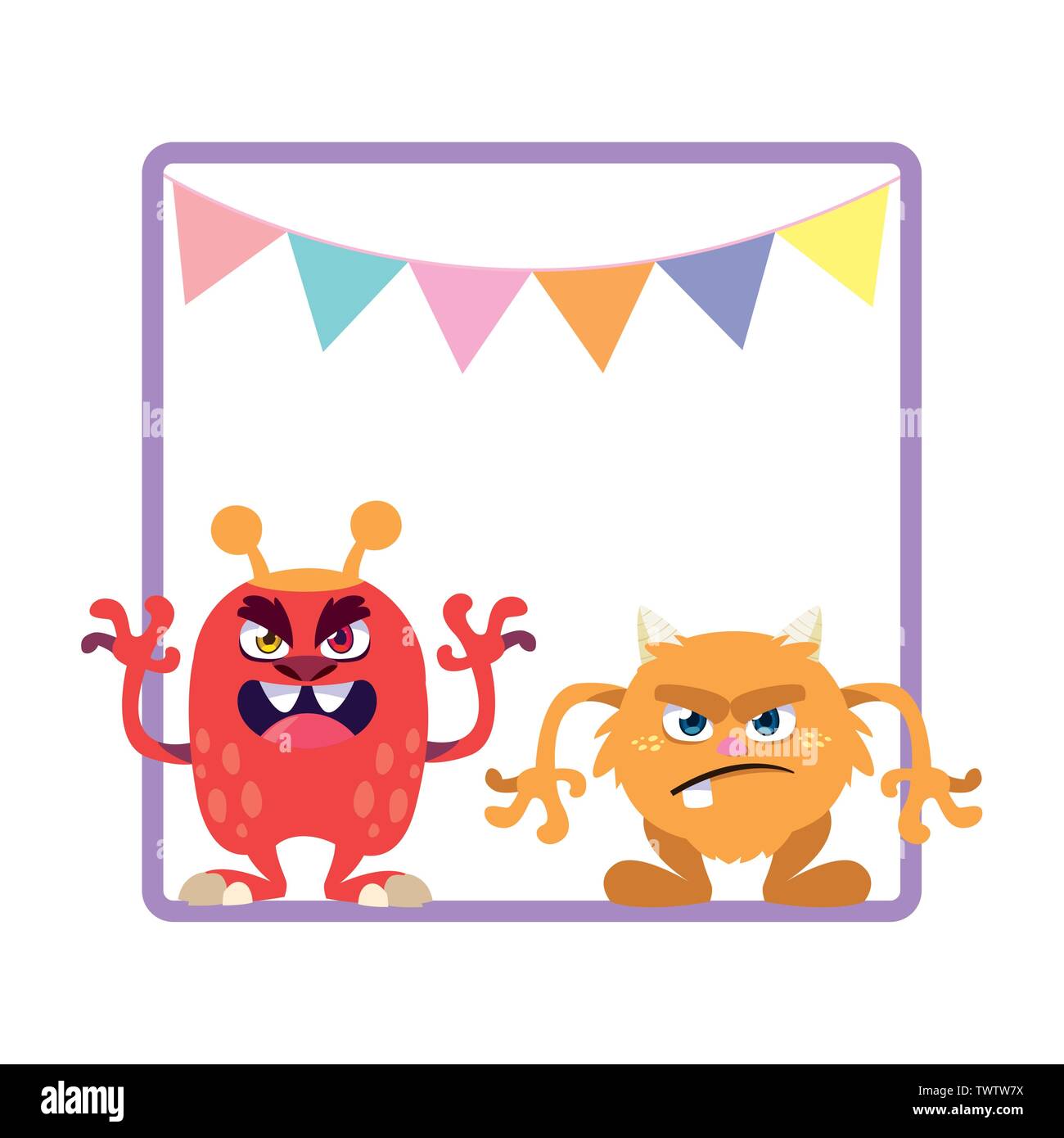 square frame with funny monsters and garlands hanging vector ...