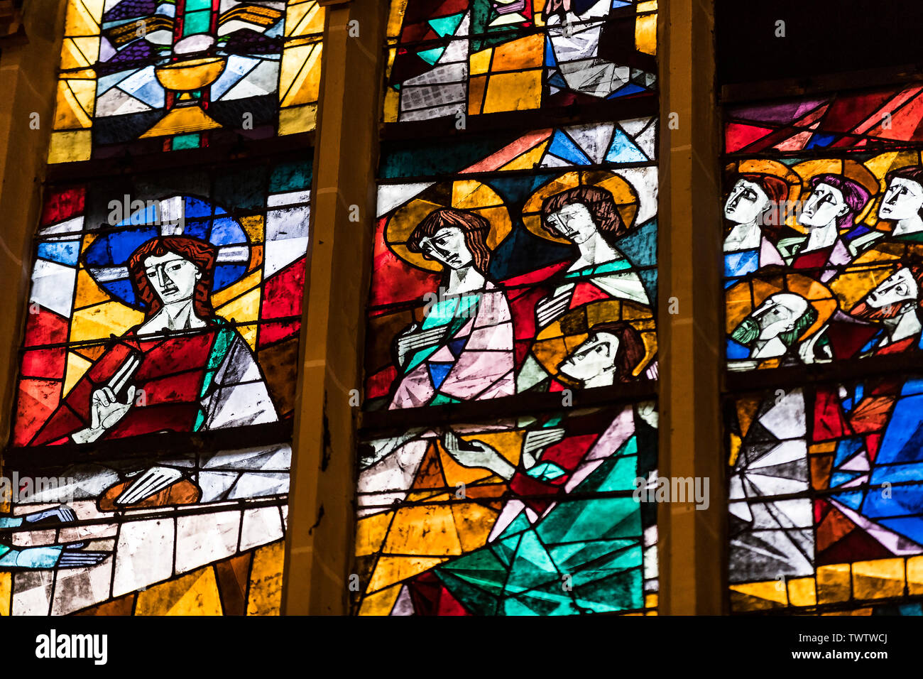 MUNICH, GERMANY - NOVEMBER 25, 2018 : Ancient stained glass windows on ...