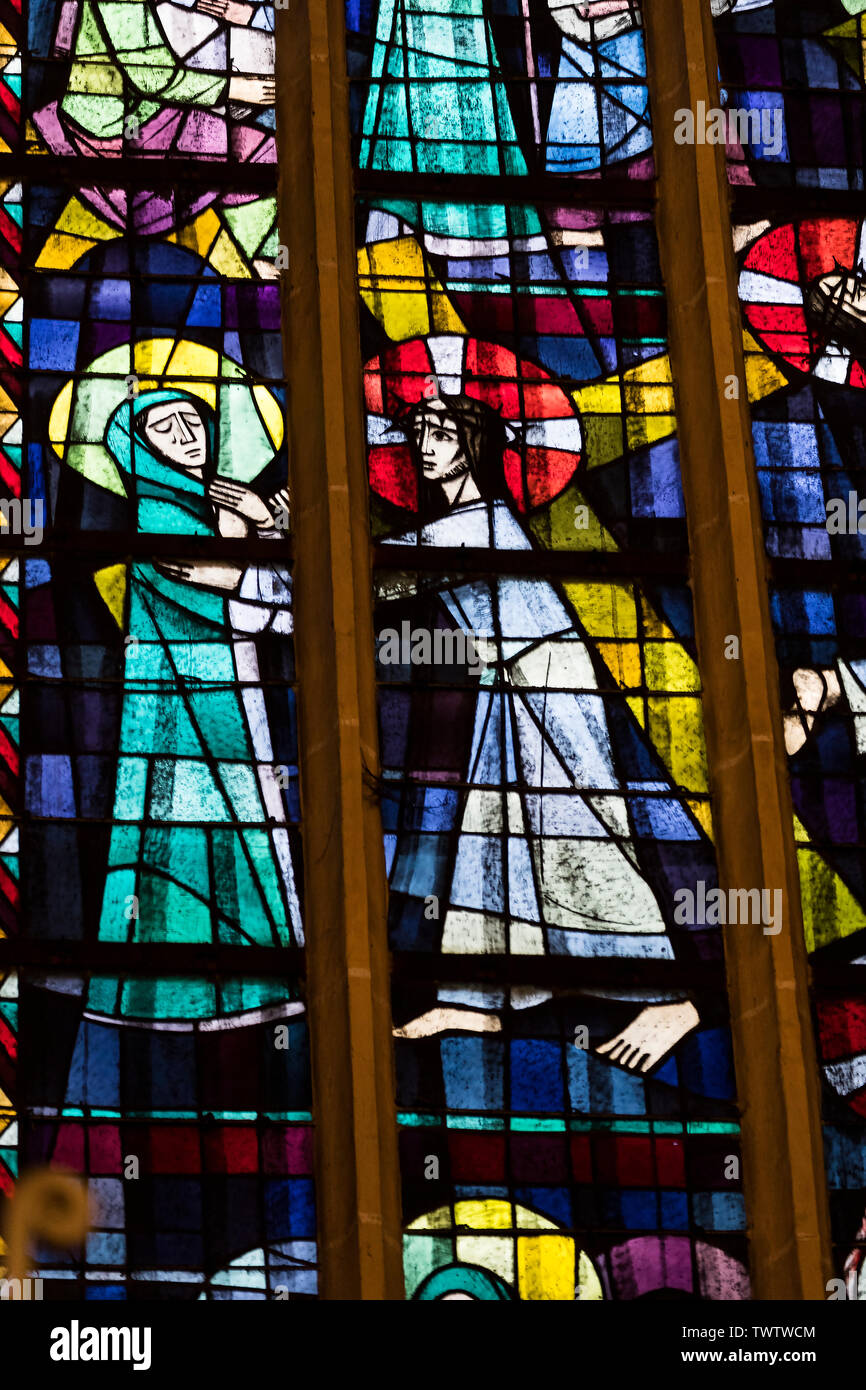 MUNICH, GERMANY - NOVEMBER 25, 2018 : Ancient stained glass windows on ...