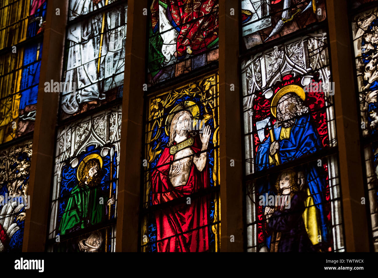MUNICH, GERMANY - NOVEMBER 25, 2018 : Ancient stained glass windows on ...