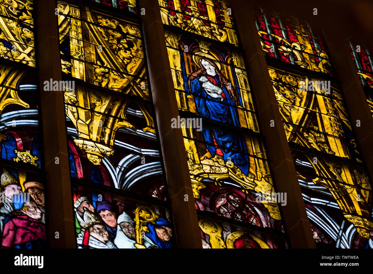 MUNICH, GERMANY - NOVEMBER 25, 2018 : Ancient stained glass windows on ...