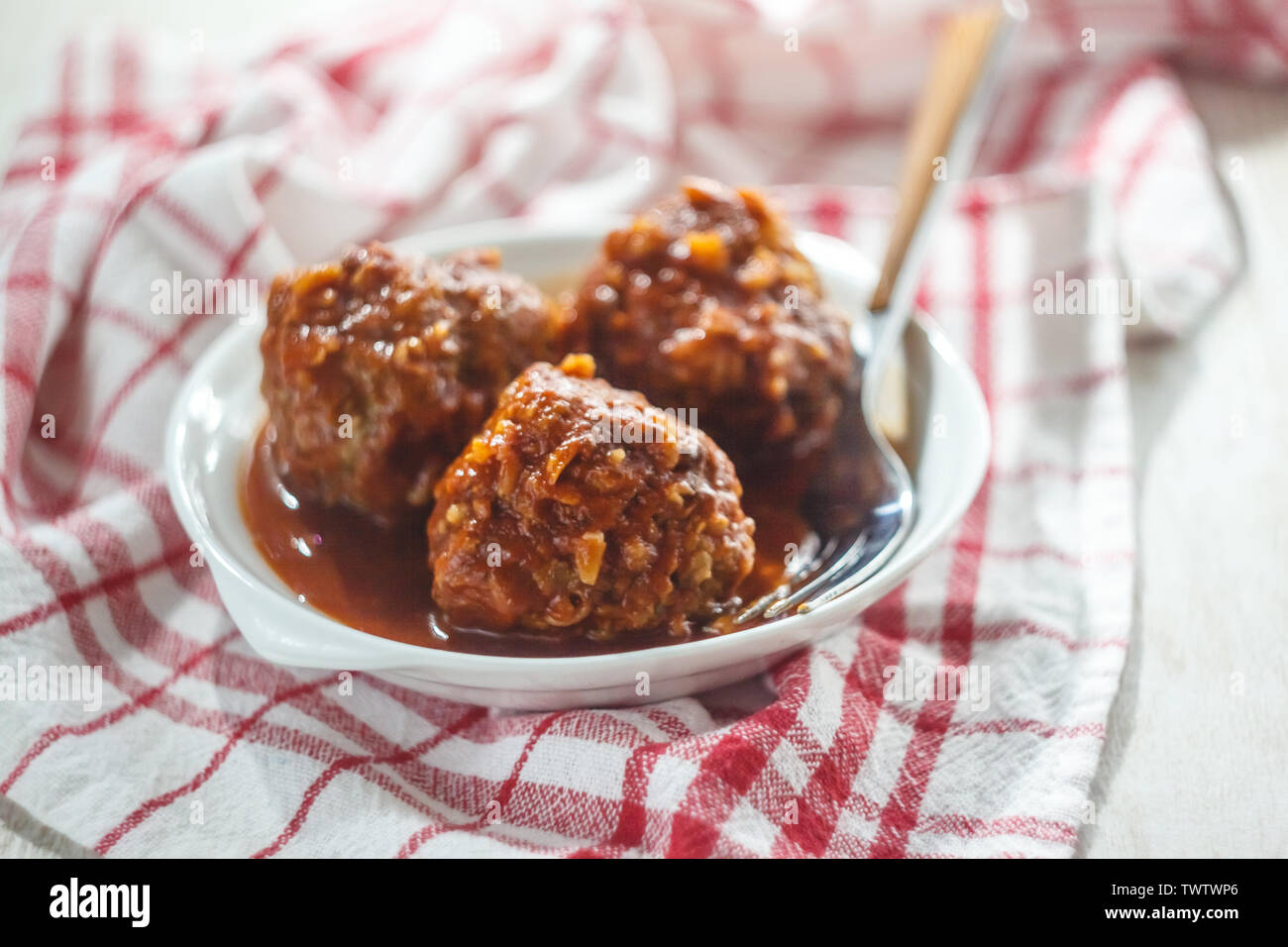 Meat, chicken meatballs in tomato sauce. Close-up. The concept of ...