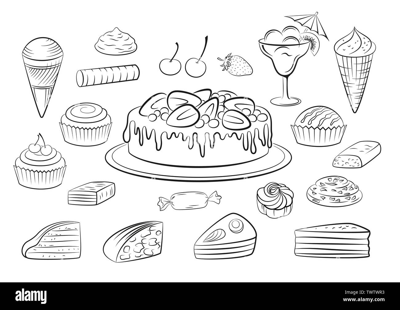 Set of Sweet Food Pictograms, Cake, Pastries, Ice Cream, Berries and ...