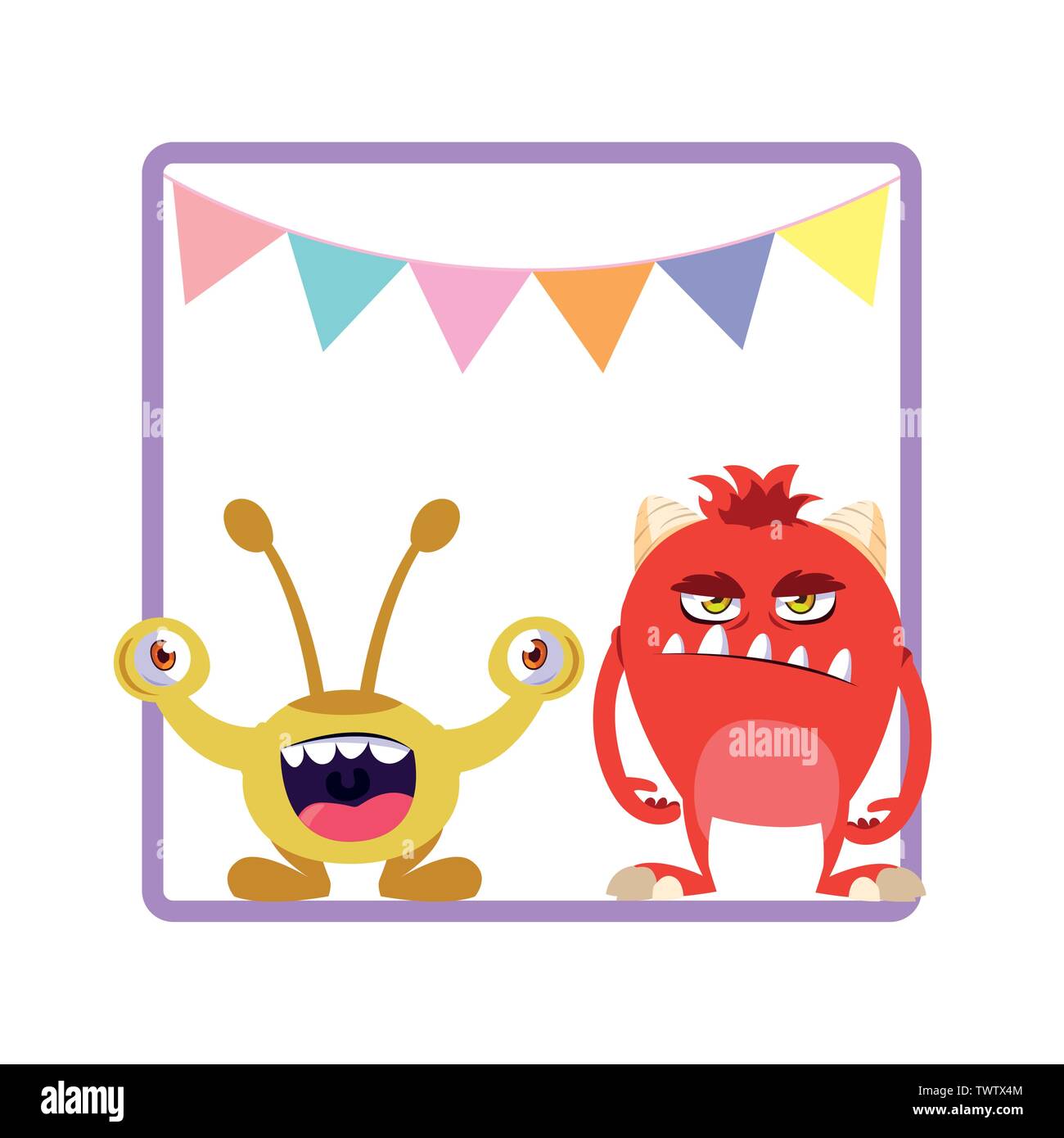 square frame with funny monsters and garlands hanging vector ...